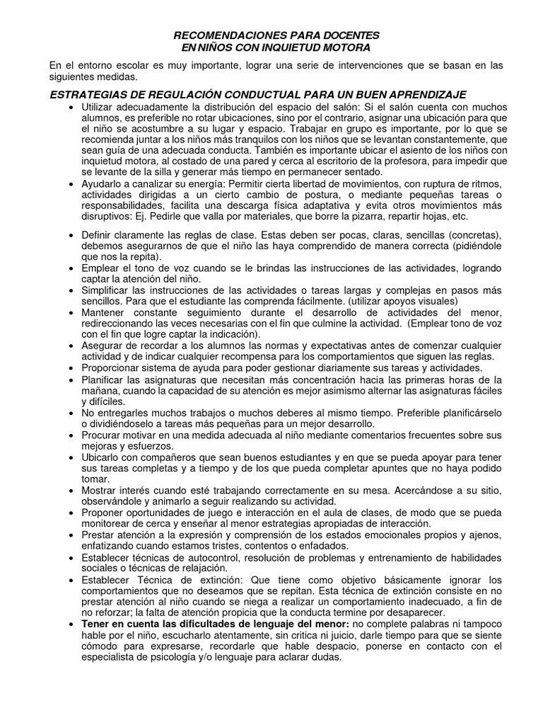 Estrategias para Niños con Inquietud Motora | PDF | Comportamiento ...
