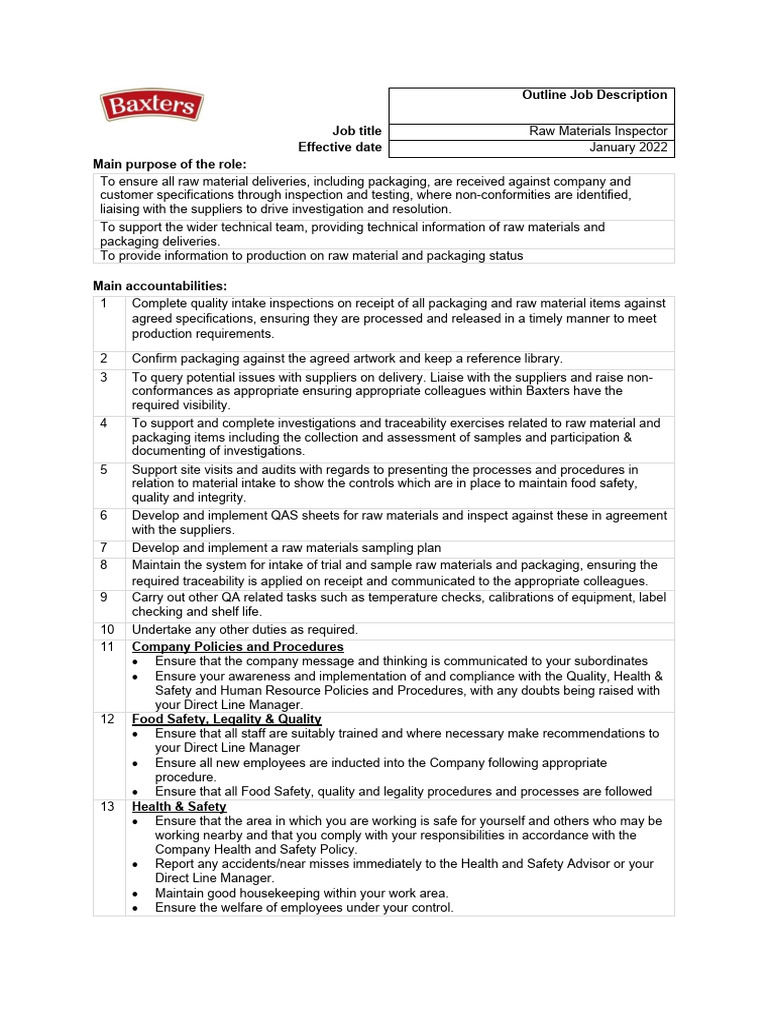 Job Description Specifications Raw Materials Inspector Jan 22 | PDF | Quality Assurance ...