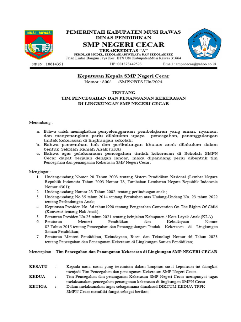 SK TPPK (Tim Pencegahan Dan Penangan Kekerasan) 2024 | PDF | Pengembangan Diri