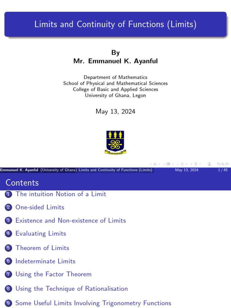 MATH 122 Lecture Slides Limits and Continuity 1 240521 141103 | PDF | Limit (Mathematics ...