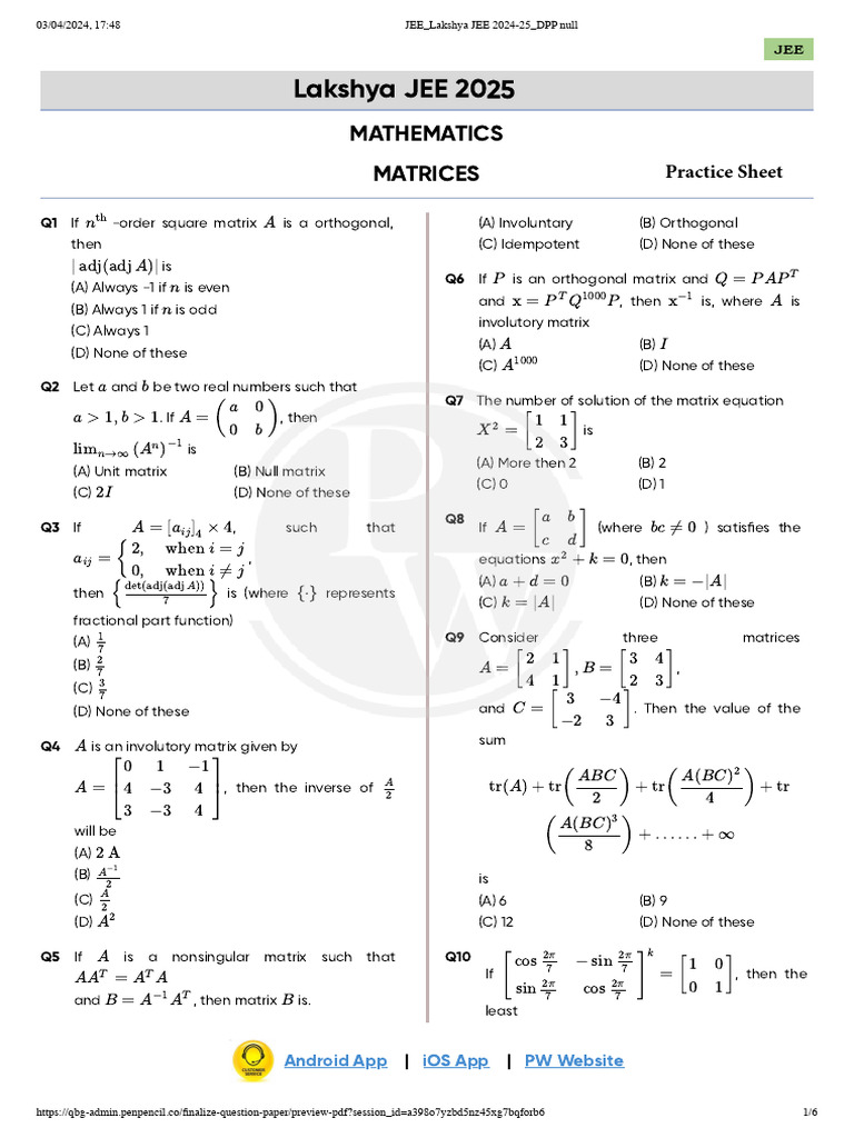 66476c5502288400181eaa46 - ## - Matrices - Practice Sheet - Lakshya JEE 2025 | Download Free PDF ...