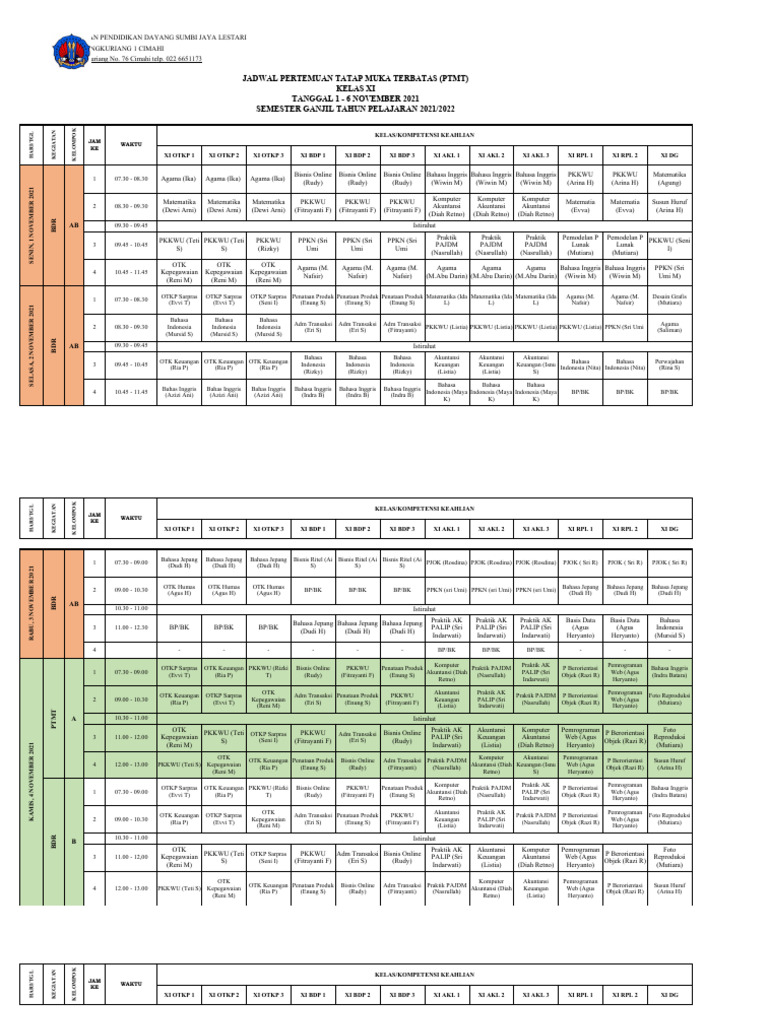 Jadwal Kelas XI - 1-6 November 2021 | PDF