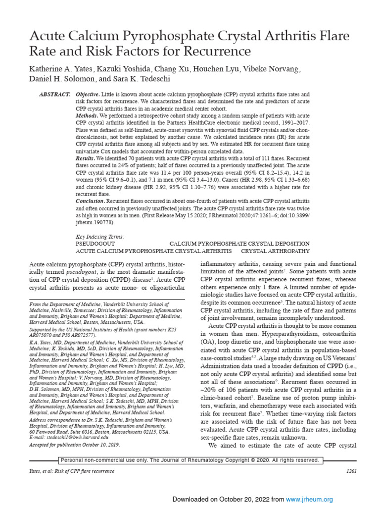 Acute Calcium Pyrophosphate Crystal Arthritis Flare Rate and Risk ...