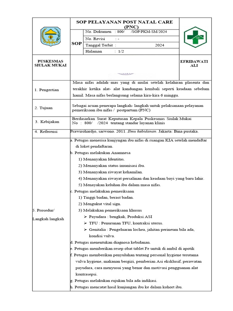 SOP Pelayanan Post Natal Care Puskesmas | PDF
