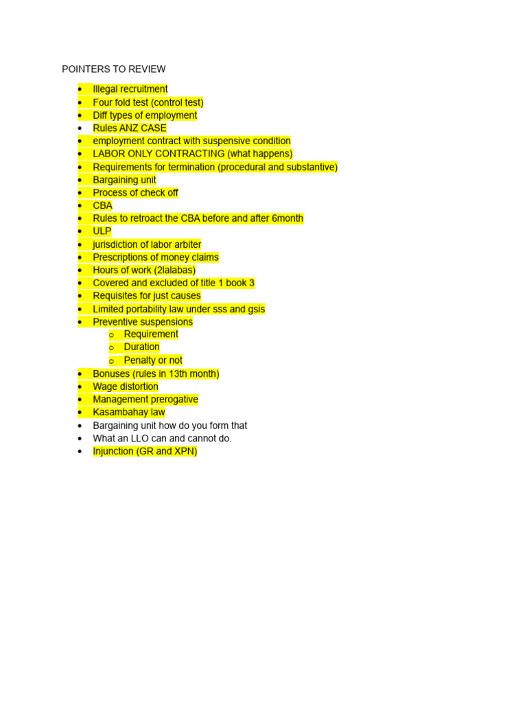 Pointers Labor Law | PDF | Employment | Collective Bargaining