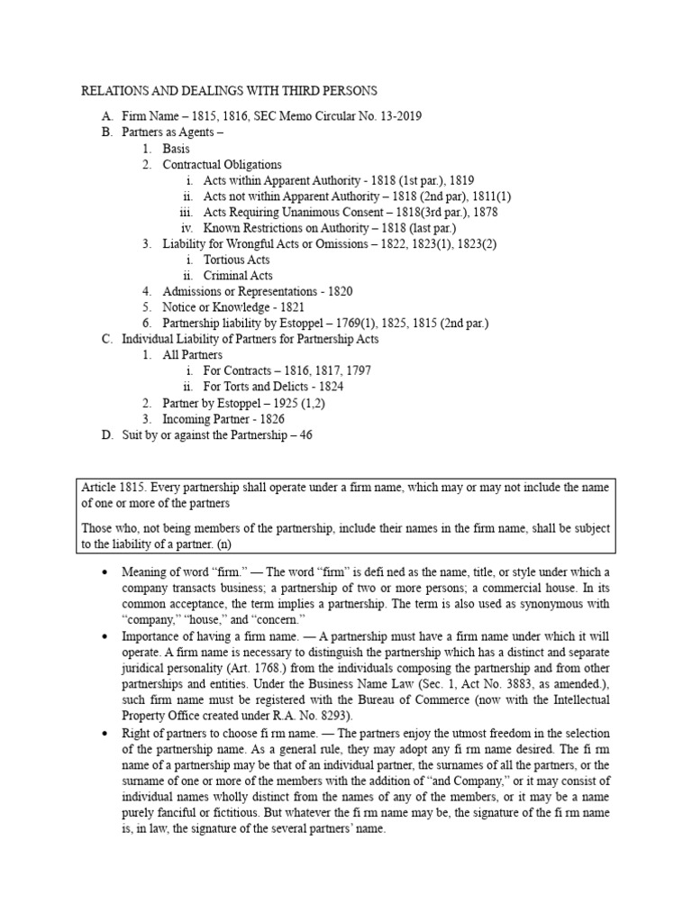 Relations and Dealings With Third Persons | PDF | Law Of Agency ...