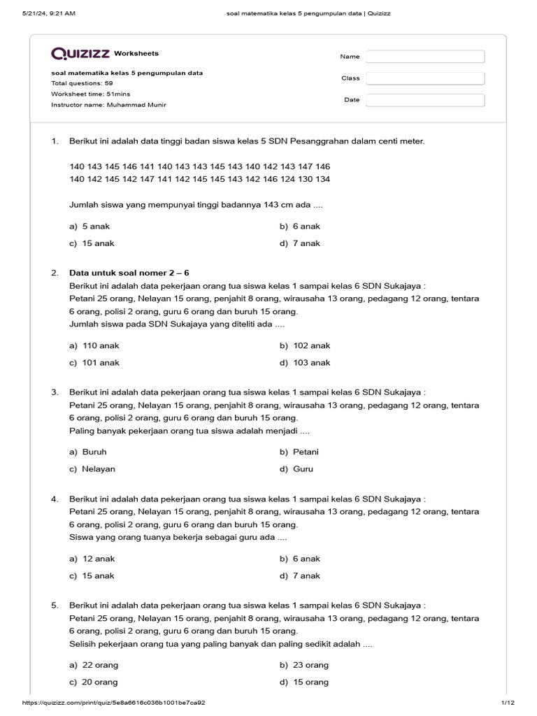 Soal Matematika Kelas 5 Pengumpulan Data - Quizizz | PDF