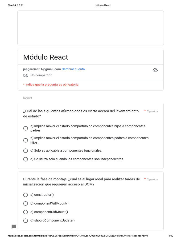 Preguntas Examen React | PDF | Script Java | Programación de computadoras