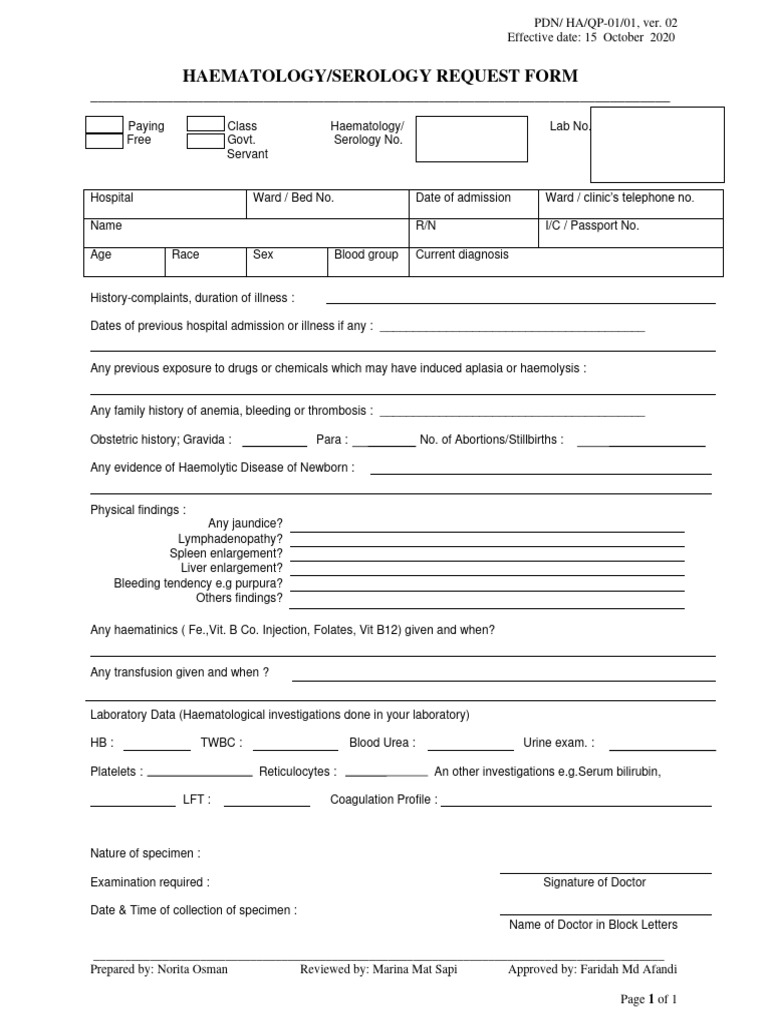 16 Haematology Serology Request Form PDN | PDF | Serology | Medical ...