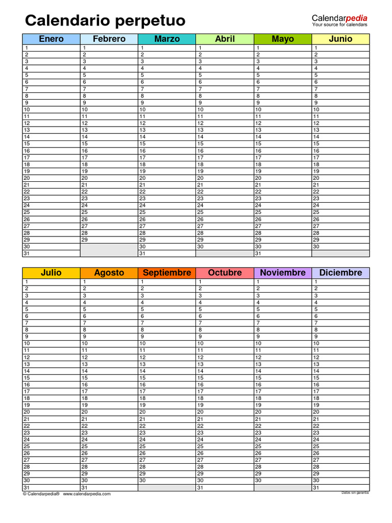 Calendario Perpetuo Vertical en Color | PDF