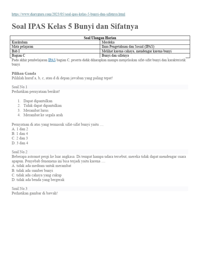 Soal IPAS Kelas 5 Bunyi Dan Sifatnya | PDF