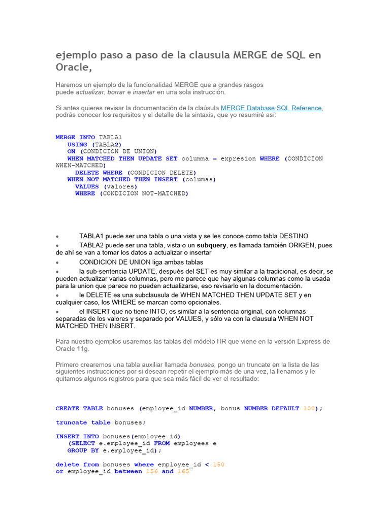 Ejemplo Paso A Paso de La Clausula MERGE de SQL en Oracle | PDF | SQL | Datos