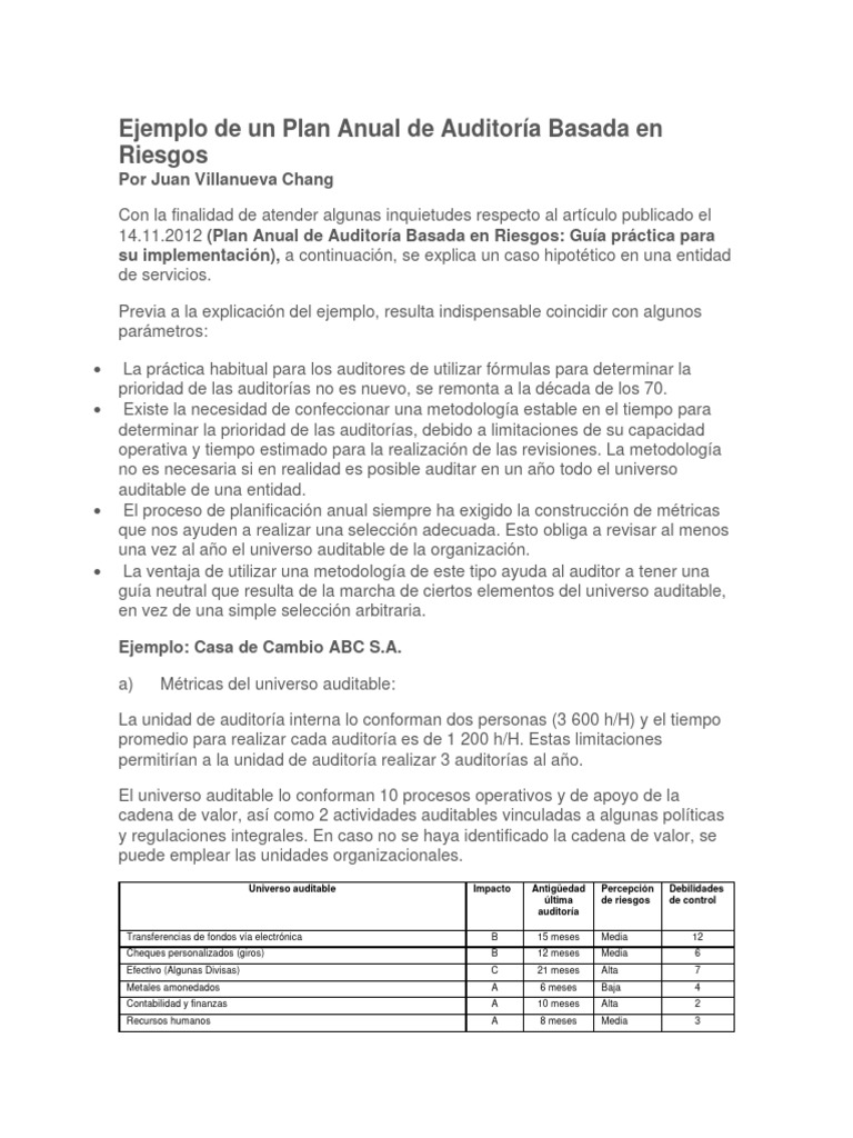 Ejemplo de un Plan Anual de Auditoría Basada en Riesgos | PDF | Auditoría | Universo