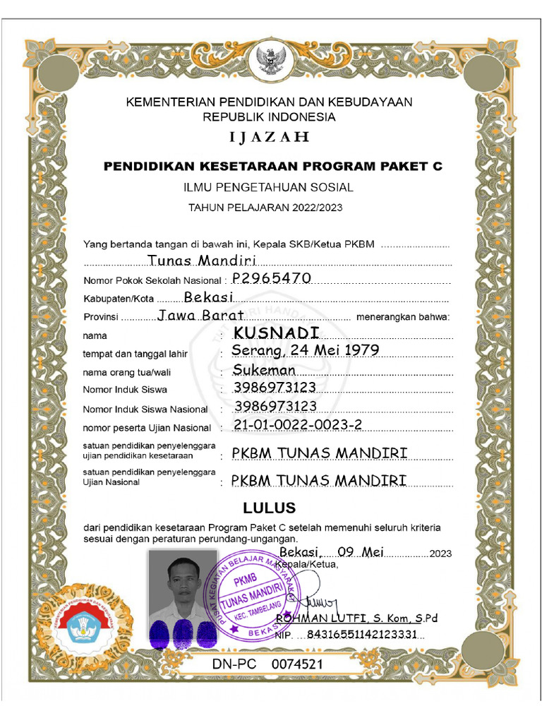 Ijazah Kusnadi Paket C 1 | PDF