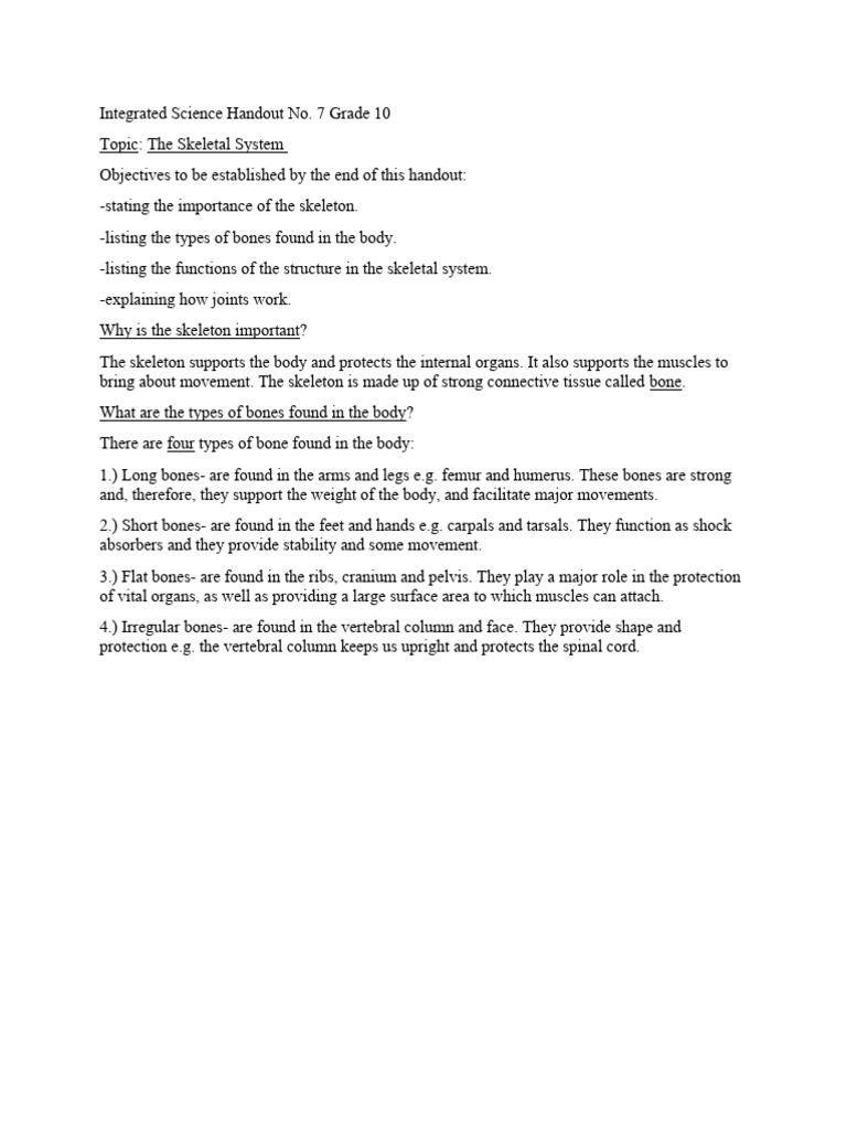 Integrated Science Handout No. 7 The Skeletal System | PDF | Skeleton | Bone