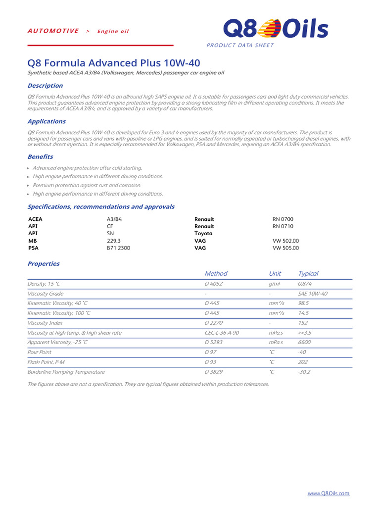 Q8 Formula Advanced Plus 10W 40 - en | PDF | Motor Oil | Vehicles