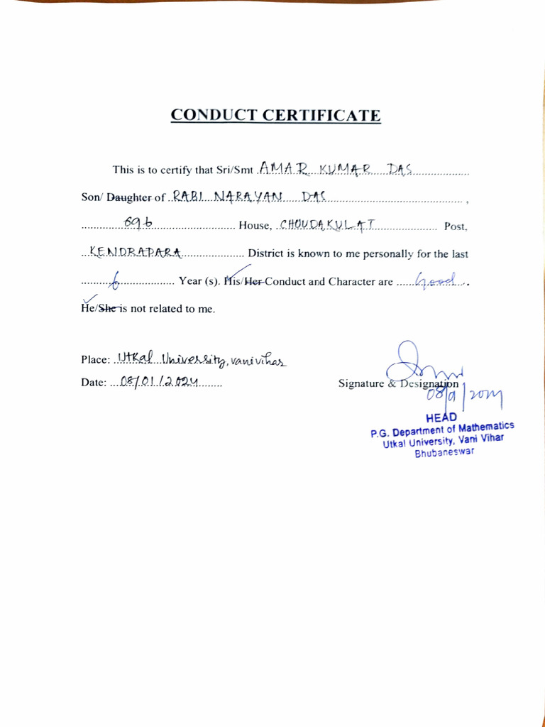 Conduct Certificate for Utkal University | PDF