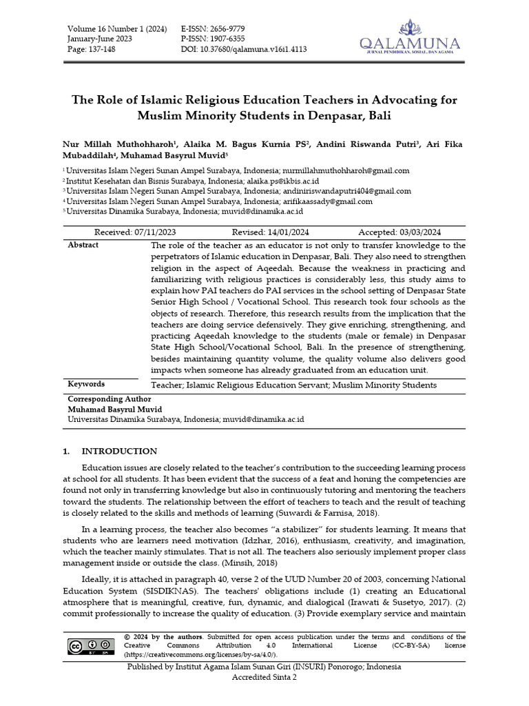 The Role of Islamic Religious Education Teachers in Advocating For ...