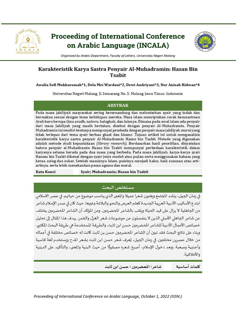 Karakteristik Karya Sastra Penyair Al-Muhadramin Hasan Bin Tsabi | PDF ...