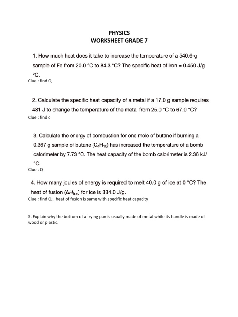 Grade 7 Physics Worksheet on Heat | PDF