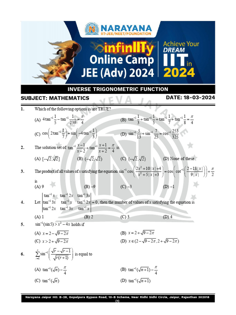 Inverse Trigonometric Function: Subject: Mathematics DATE: 18-03-2024 | Download Free PDF ...