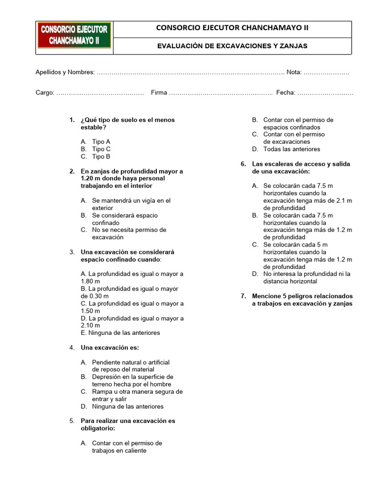 Examen de Excavaciones y Zanjas | PDF