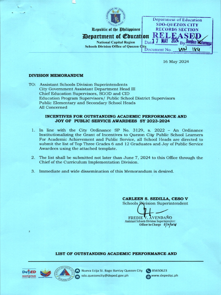 Incentives For Outstanding Academic Performance and Joy of Public Service Awardess Sy 2023-2024 ...