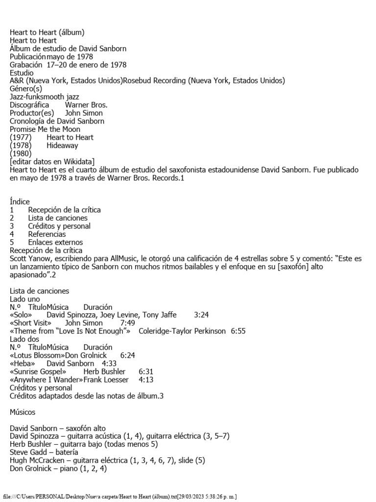 Álbum "Heart to Heart" de David Sanborn | PDF | Industria de la música