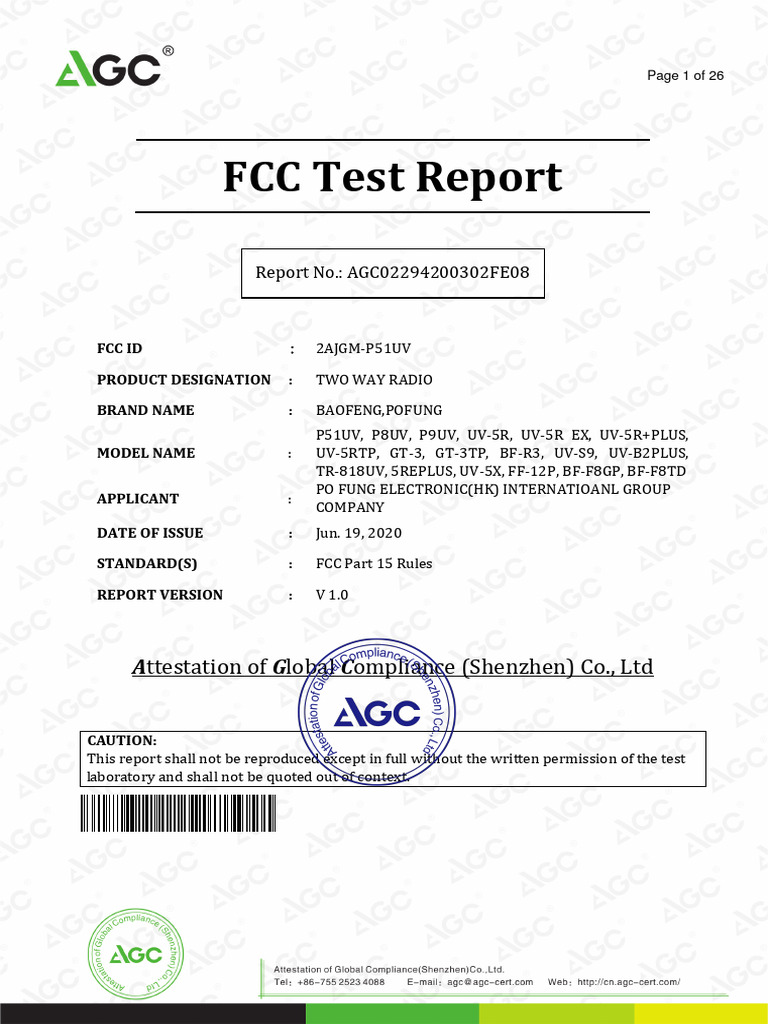 FCC Test Report: Attestation of Global Compliance (Shenzhen) Co., LTD ...