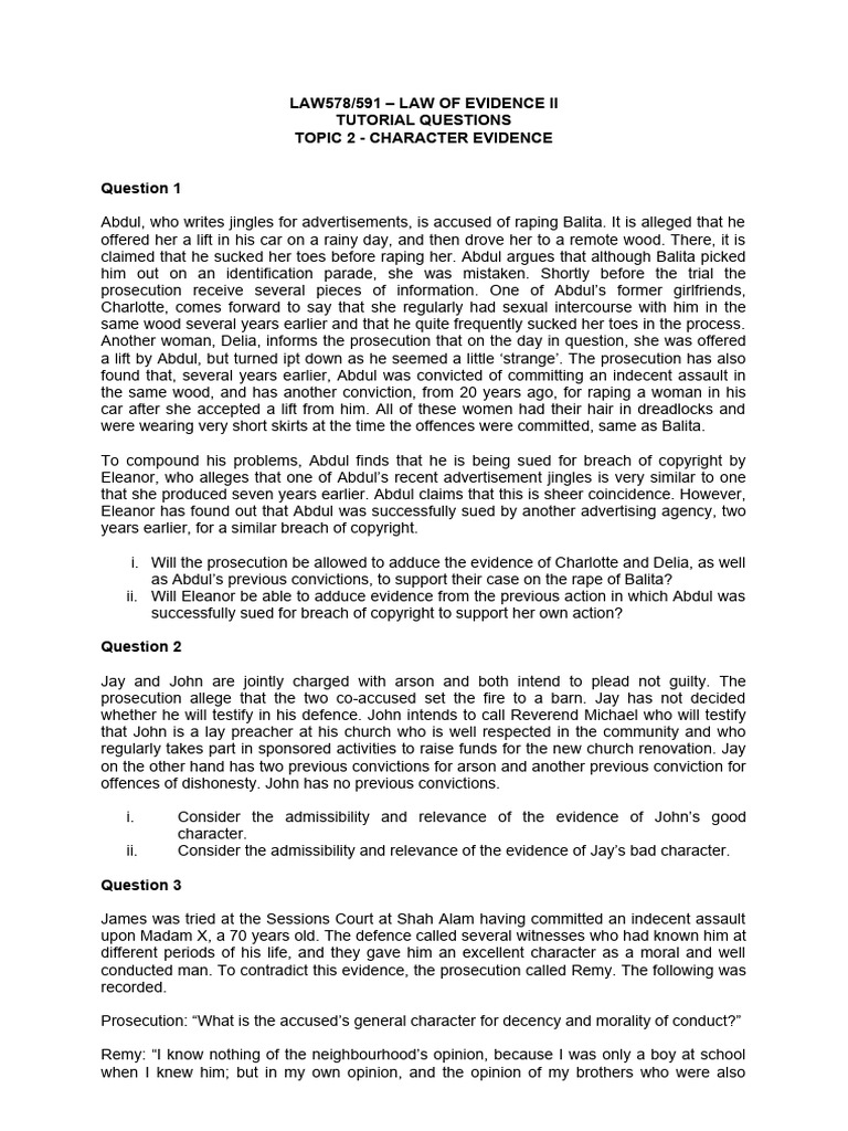 Tutorial 2 - Character Evidence | PDF | Prosecutor | Rape Tutorial 2 - Character Evidence | PDF | Prosecutor | Rape