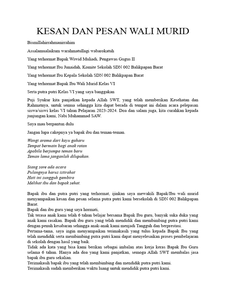 Kesan Dan Pesan Wali Murid | PDF | Kesehatan Holistik
