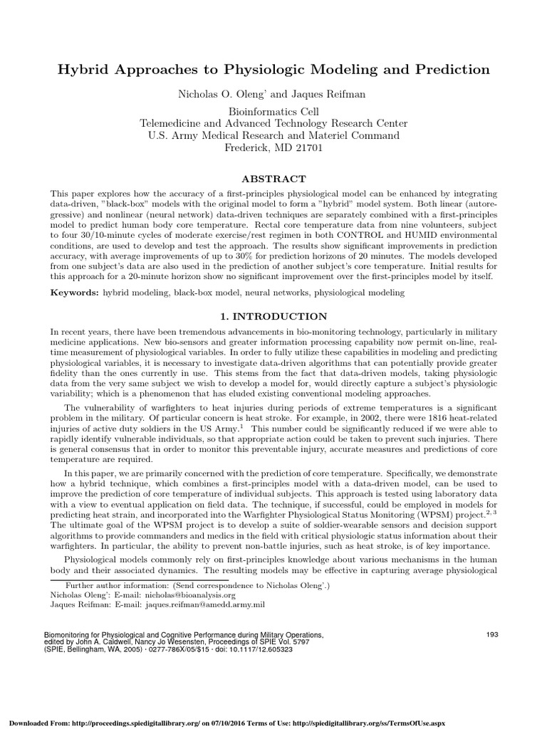 Hybrid Approaches To Physiologic Modeling and Prediction | PDF | Prediction | Artificial Neural ...