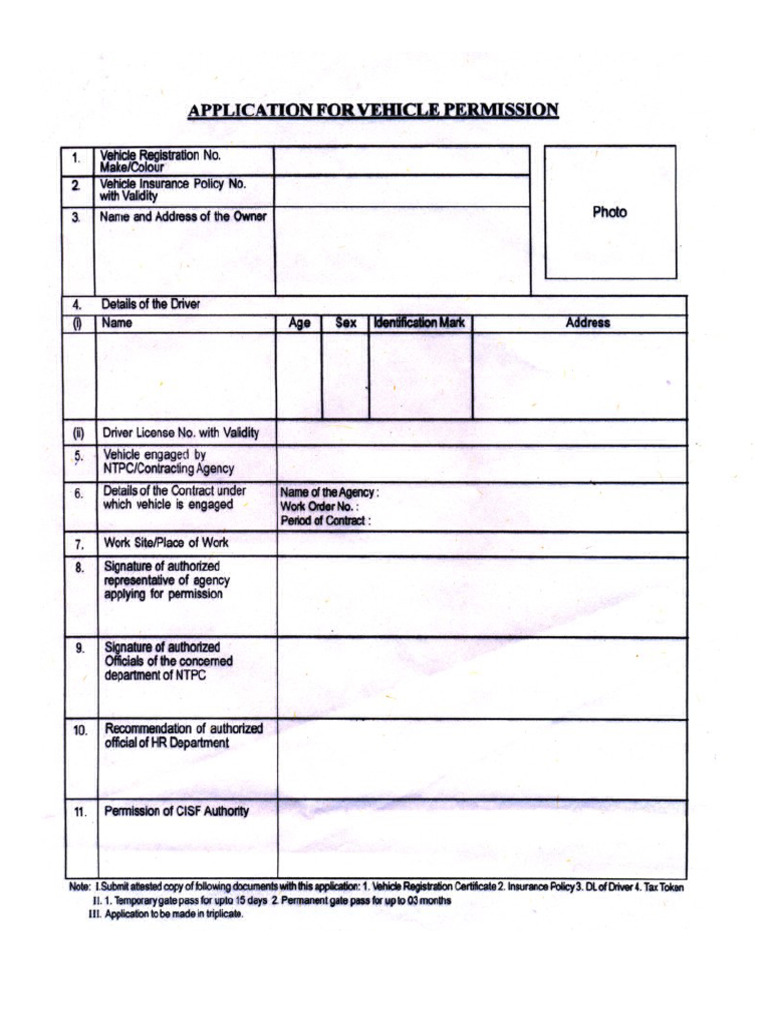 Vehicle Pass Form | PDF