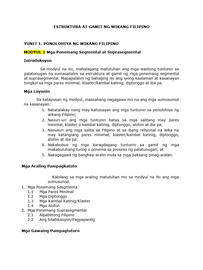 ESTRUKTURA AT GAMIT NG WIKANG FILIPINO Modyul 1 | PDF