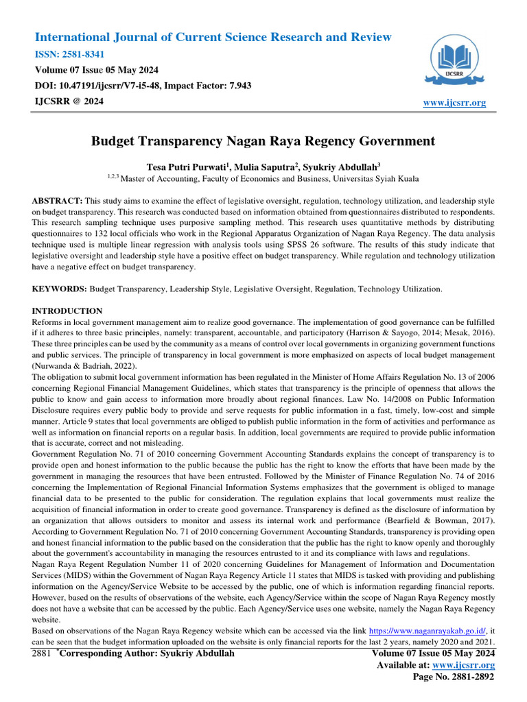 Budget Transparency Nagan Raya Regency Government: International ...