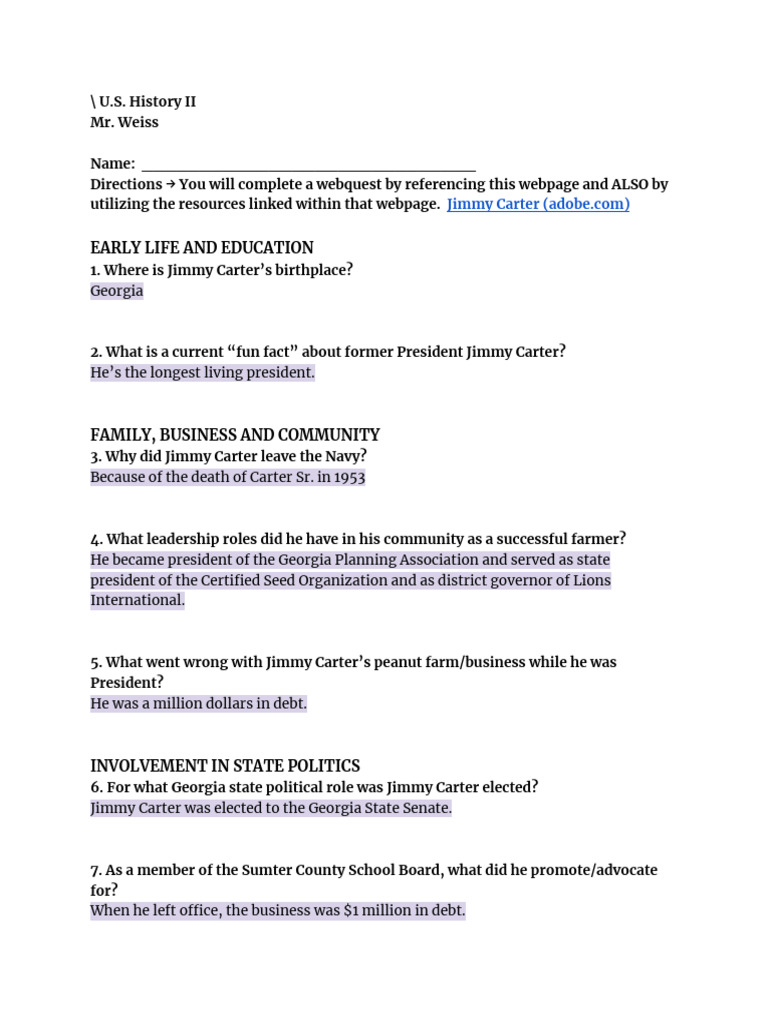 Jimmy Carter Webquest | PDF | Jimmy Carter