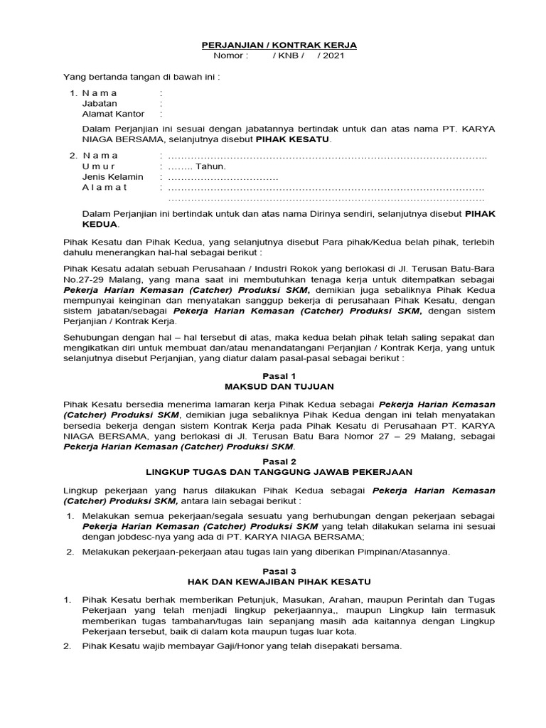 Contoh Kontrak Pekerja Harian Kemasan (Catcher) Produksi SKM | PDF