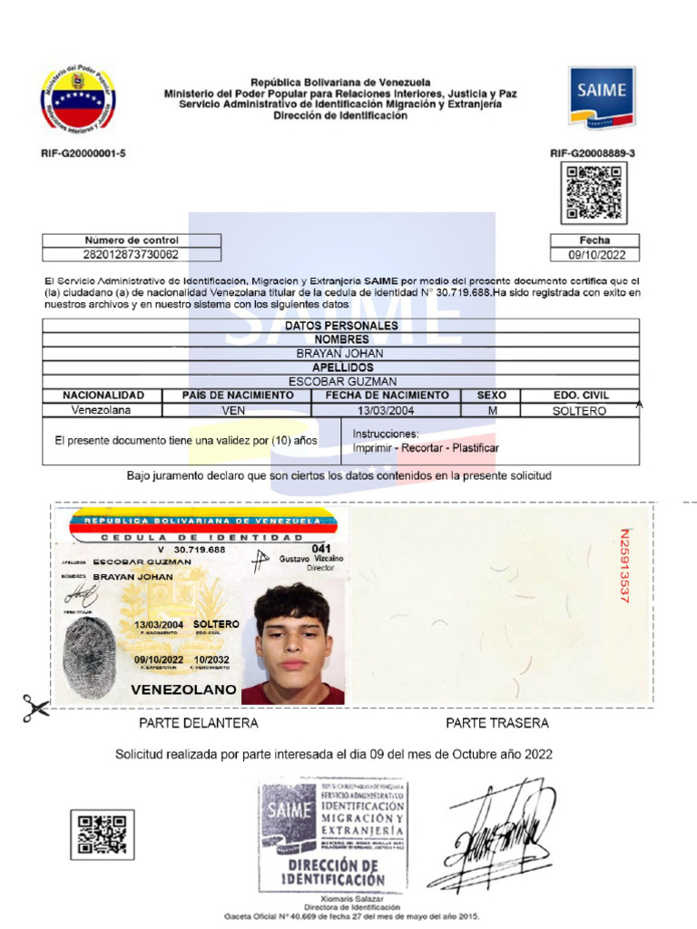 Saime - Cedula Brayan Escobar | PDF