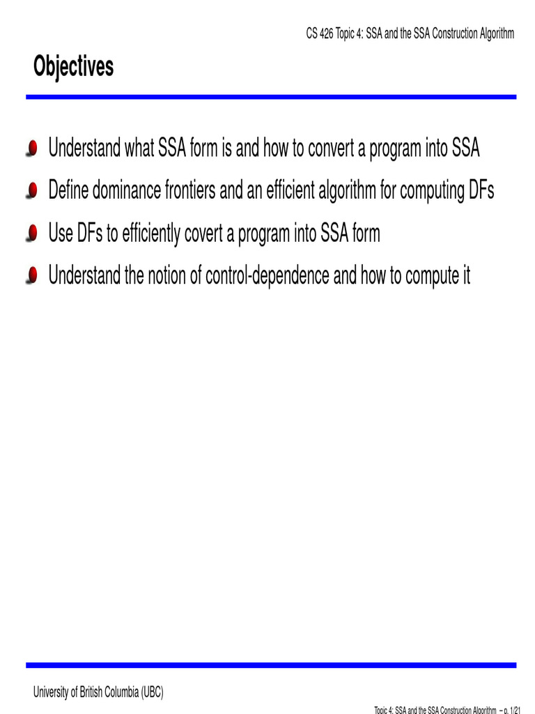 Objectives: CS 426 Topic 4: SSA and The SSA Construction Algorithm | Download Free PDF ...