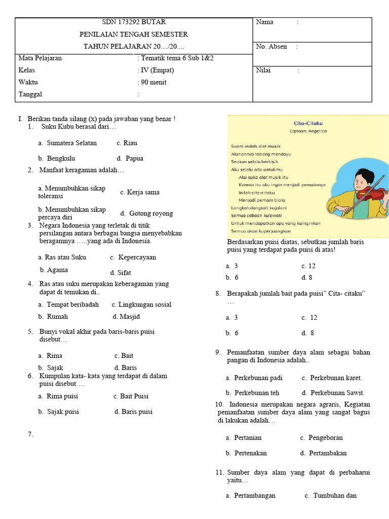SOAL PTS TEMA 6 SUB 1 DAN 2 Kelas 4 SMT 2 | PDF
