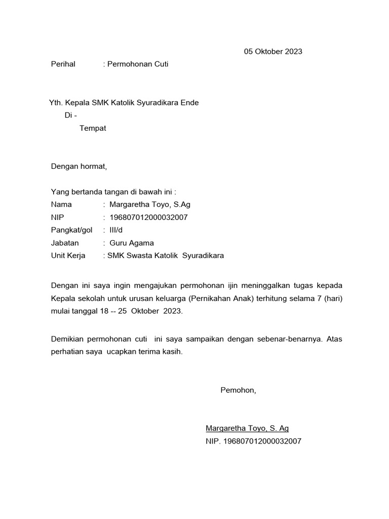 Surat Ijin Cuti Anak Nikah | PDF