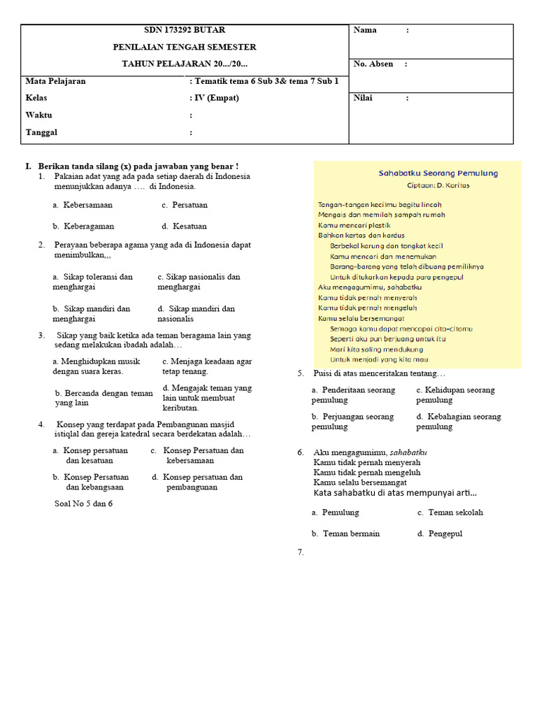 SOAL PTS TEMA 6 SUB 3 DAN TEMA 7 SUB 1 Kelas 4 SMT 2 | PDF