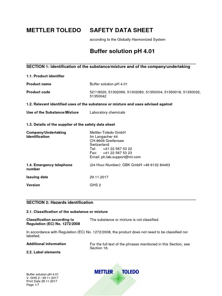 SDS ANA Buffer Solution PH 4 01 EN 18030111 | PDF | Personal Protective ...