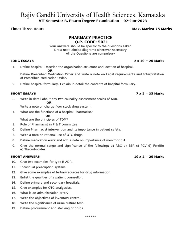 Pharm - 5031 - Pharmacy Practice - TTP (May-2023) - May-2023 (Apr-23) | PDF