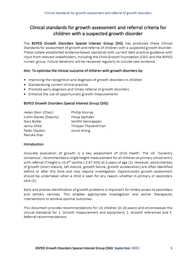 Clinical Standards For Growth Assessment and Referral Criteria For ...
