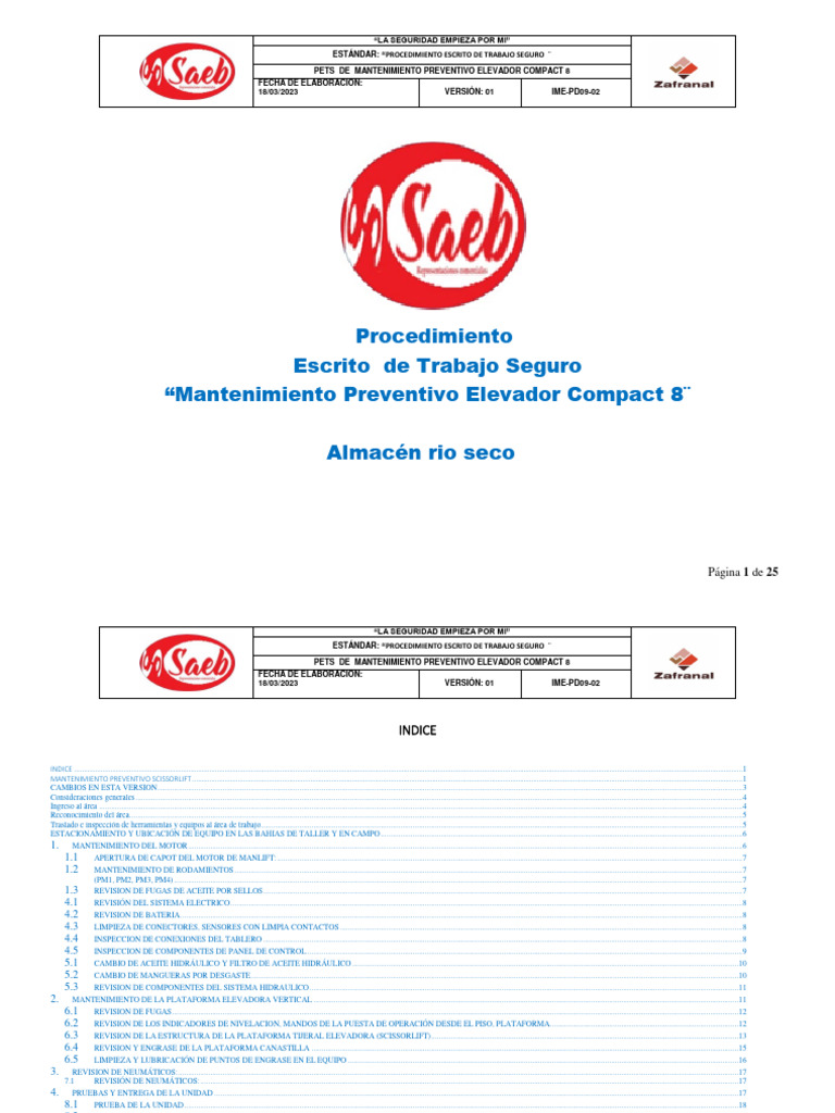 Pets Mantenimiento Correctivo de Elevador Tijeral | PDF