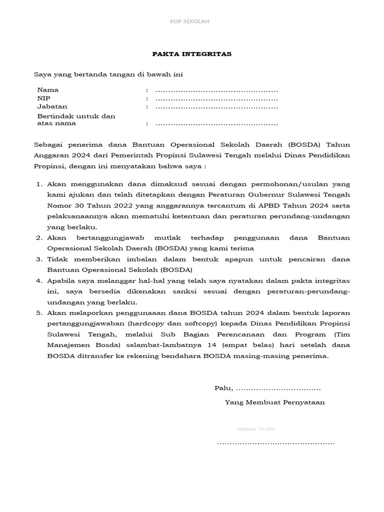 Contoh PAKTA INTEGRITAS Laporan BOSDA 2024 | PDF