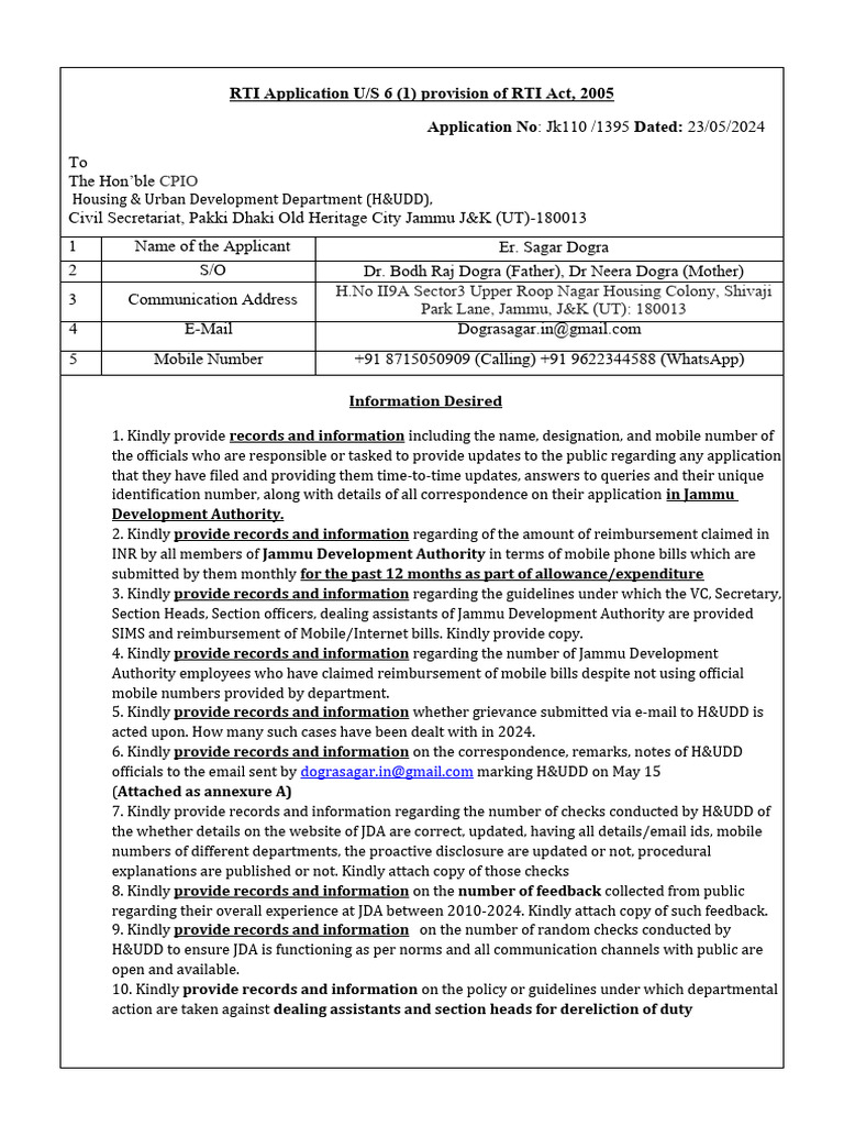 RTI Application for Jammu Development Authority | PDF | Human Rights ...