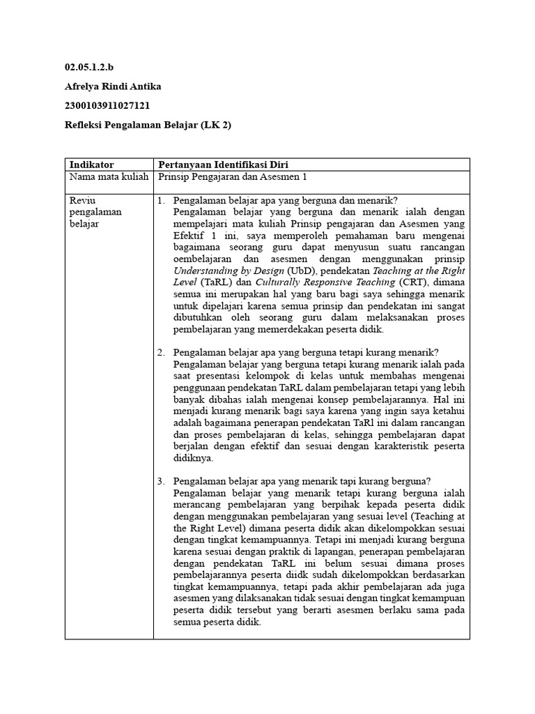 Jurnal Refleksi - Prinsip Pengajaran Dan Asesmen 1 | PDF Jurnal Refleksi - Prinsip Pengajaran Dan Asesmen 1 | PDF