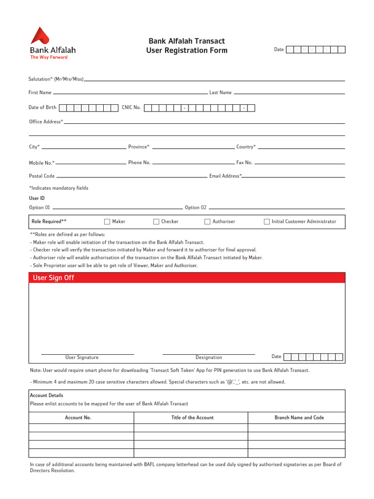 19 User Registration Form Alfalah Transact 131021 | PDF | Banks | Cheque